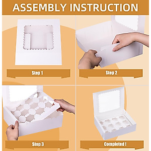 LONGTEAM 6-Set Cupcake Boxes Hold 12 Standard Cupcakes, Food Grade Cupcake Holders Bakery Carrier Boxes with Windows and Inserts for Cupcakes, Muffins and Pastries (White-6 Pack)