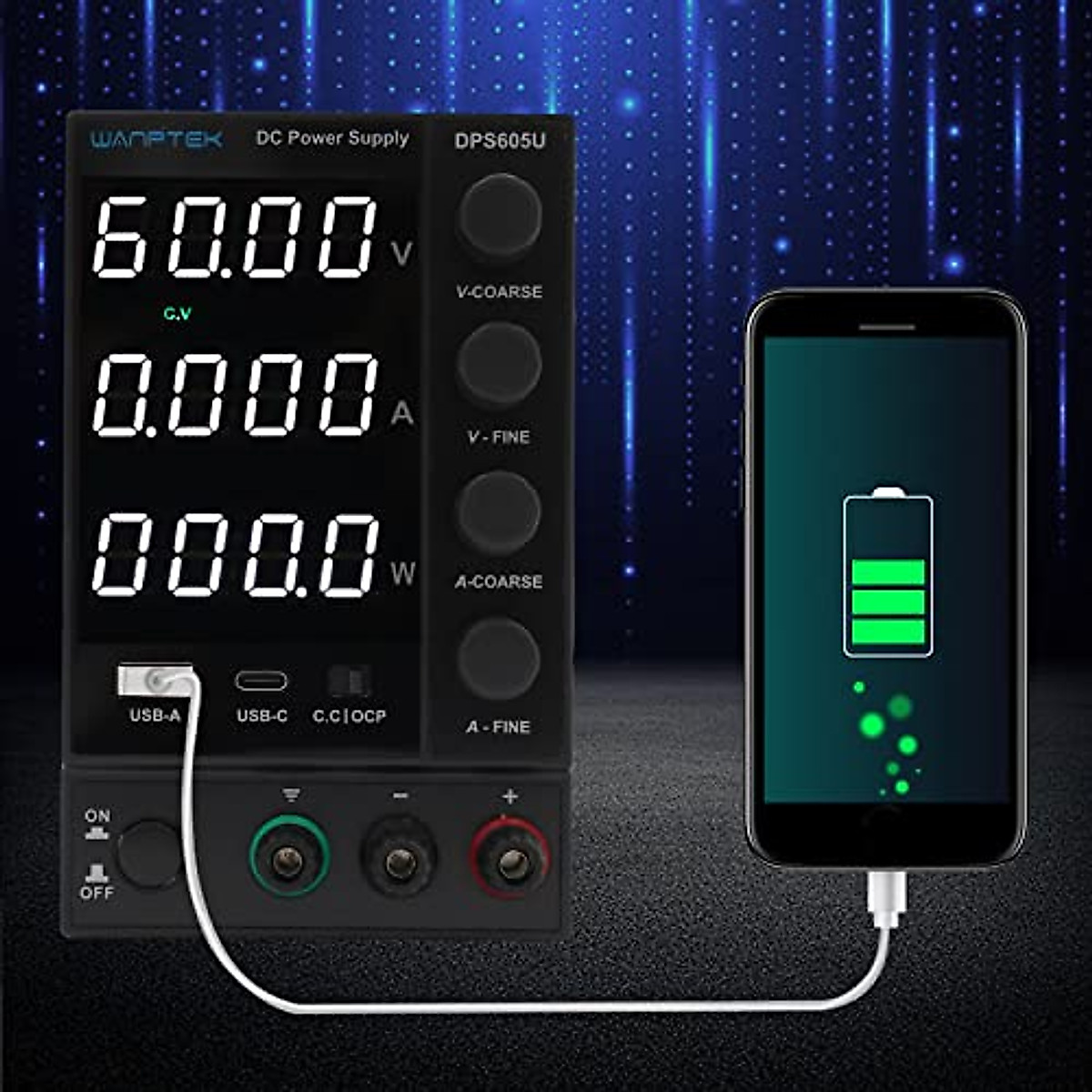 DC Power Supply Variable 300W, DPS605U Bench Power Supply with Encoder Adjustment Knob, DC Regulated Power Supply with USB Quick-Charge for Burn-in Test Production Line Test Laboratory (60V 5A Black)