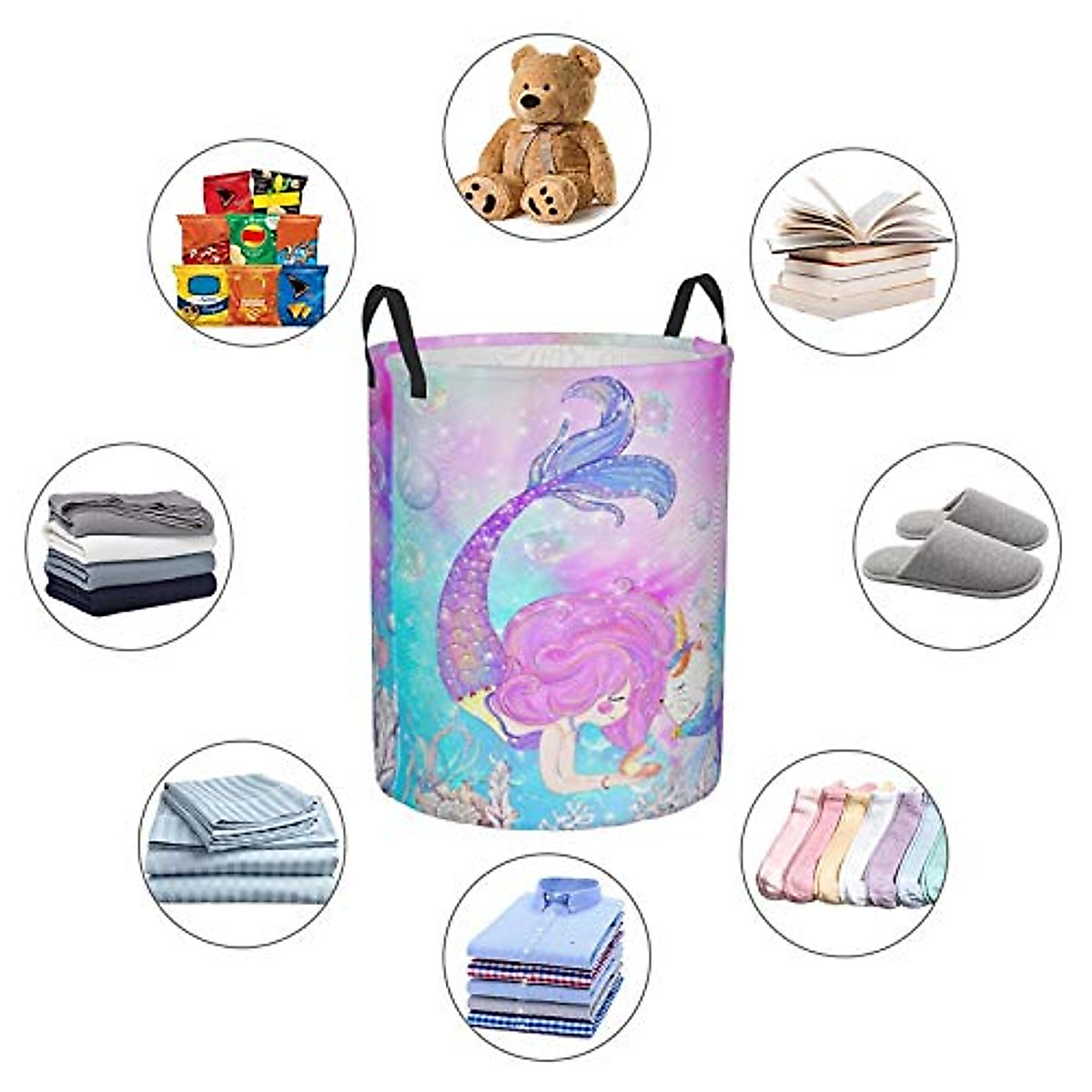 KiuLoam Girls Mermaid and Narwhal Laundry Baskets, Bedroom Hamper Collapsible Waterproof Oxford Fabric with Handle Foldable Cloth Washing Bin Tote Bag (16.5 Inches)