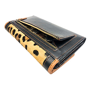 Leather Book® LW-1802 TAJ Leopard Ladies Wallet|11 card slots|1 card window|4 slide pockets|1 zip compartment pocket| 1 back silver metal zip pocket | Black, Tan Cowhide & Jersey leopard Print Leather