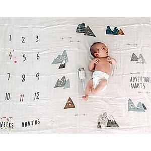 Organic Baby Monthly Milestone Blanket Newborn Boy Girl Unisex Neutral| Boho Mountain Nursery Baby Month Picture Blanket| Baby Growth Photography Background Prop| Markers Wood Birth Announcement Card