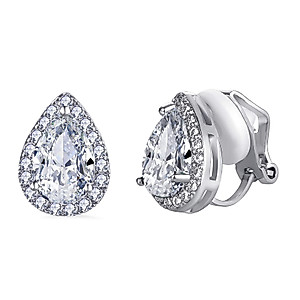 SELOVO Teardrop Bridal Wedding Clear White Cubic Zirconia Clip On Earrings Stud Silver Tone