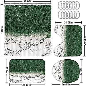 JQH store 4PCS Green Marble Shower Curtain Set with Non-Slip Rugs Toilet Lid Cover and Bath Mat Shower Curtain with 12 Hooks Bathroom Sets with Shower Curtain and Rugs and Accessories