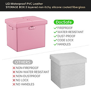 DocSafe Storage Ottoman with Lock,Fireproof Folding Ottoman Foot Rest Stool Storage Chest with Storage Safe for Important Documents,Waterproof 17 Inches Short Ottoman Foot Stool with Handles,Pink