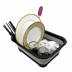 SAMMART 7.3L (1.9 Gallon) Collapsible Dish Drainer with Drainer Board - Foldable Drying Rack Set - Portable Dinnerware Organizer - Space Saving (Alloy Grey + Crystal Blue (Set of 2))
