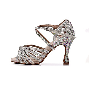 Goettin Latin Dance Shoes Salsa Wedding High Heel Shoes 3.35 inch Suede Sole Rhinestone Pumps Pearl Decoration for Women