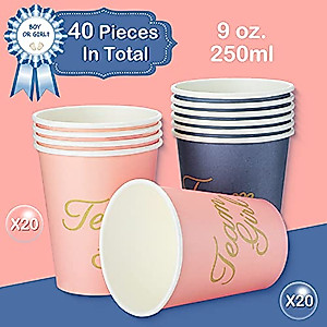 CHENGU 40 Pieces Gender Reveal Cups 9 Ounce Letters Team Girl Cups Team Boy Cups for Baby Shower Birthday Party Decoration Supplies (Simple Style, Navy Blue and Pink)