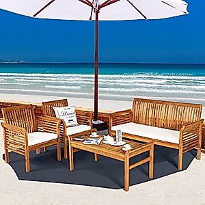 Tangkula 4 Piece Outdoor Acacia Wood Sofa Set with Water Resistant Cushions, Padded Patio Conversation Table Chair Set w/Coffee Table for Garden, Backyard, Poolside (1)