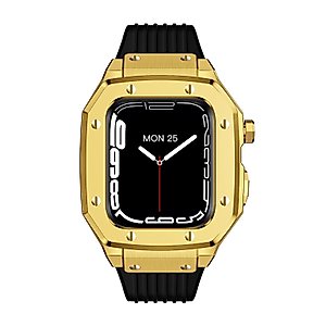 KAPPDE Alloy Watch Case Strap For Apple Watch Series 8 7 6 5 4 SE 45mm 44mm 42mm Luxury Metal Rubber Stainless Steel Watch Modification Mod Kit watch Strap For men women (Color : Black gold, Size :