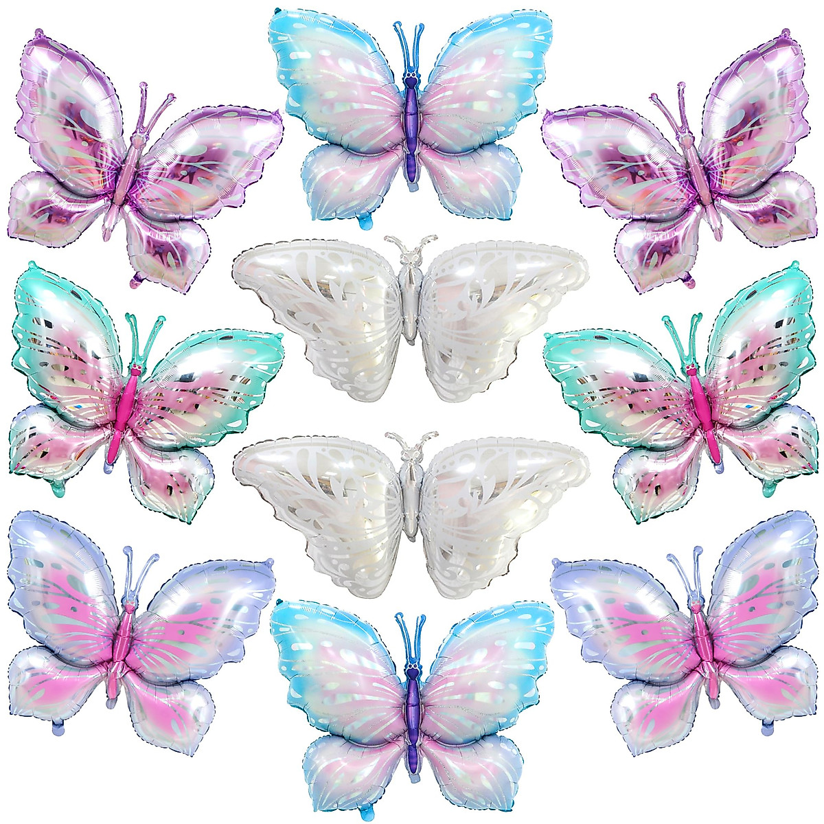 AEXHOT 10 PCS Butterfly Balloons, Gradient Giant Butterfly Foil Mylar Balloon Butterfly Birthday Decorations for Butterfly Theme Birthday Party Wedding Supplies (Purple, Blue,Green)