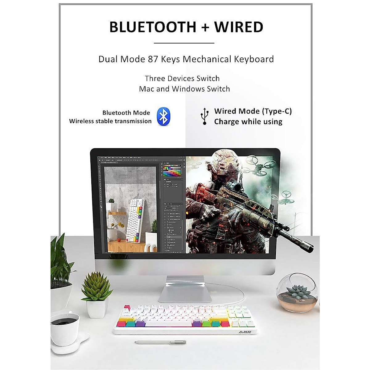 FIRSTBLOOD ONLY GAME. K870T 80% Bluetooth/Wired Dual Mode Mechanical Keyboard, 87 Keys Compact Computer Keyboard with Red Switch, RGB Backlight