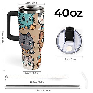 Many Cartoon Cats Insulated Stainless Steel Travel Mug, 40 Oz Tumbler with Handle And Straw Double-Wall Vacuum Coffee Cup, Leak-Proof Lid, Keeps Drinks Hot/Cold for Hours