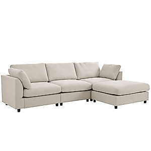 kevinplus 113'' Sectional Sofa Couch for Living Room with Convertible Ottoman for Living Room, Modern Contemporary 3-Seat L-Shaped Sofa Couch for Apartment Office, Polyester Fabric, Beige