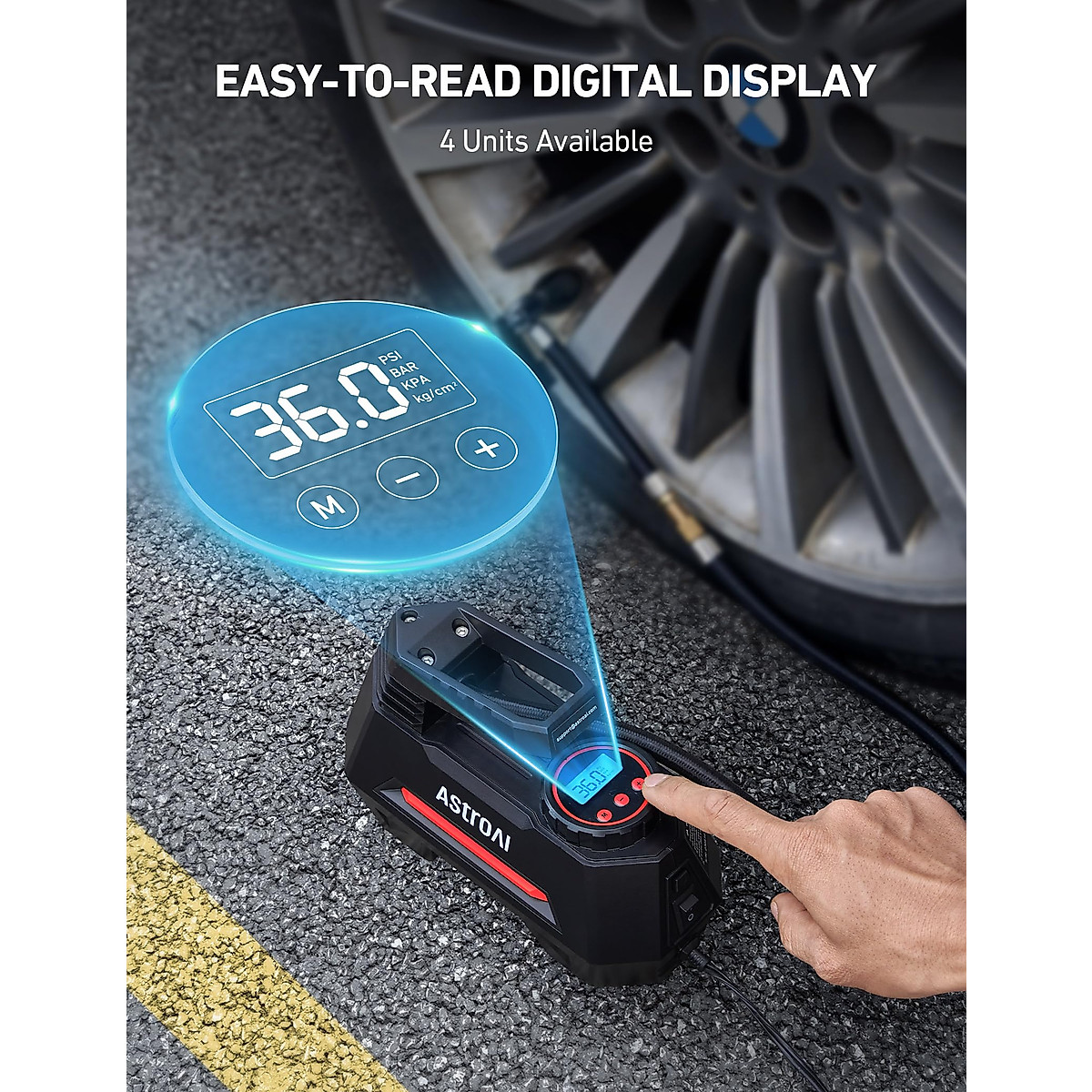 AstroAI Tire Inflator Portable Air Compressor Tire Air Pump for Car Tires - Car Accessories, 12V DC Auto Pump with Digital Pressure Gauge, Emergency LED Light for Bicycle, Balloons, Red