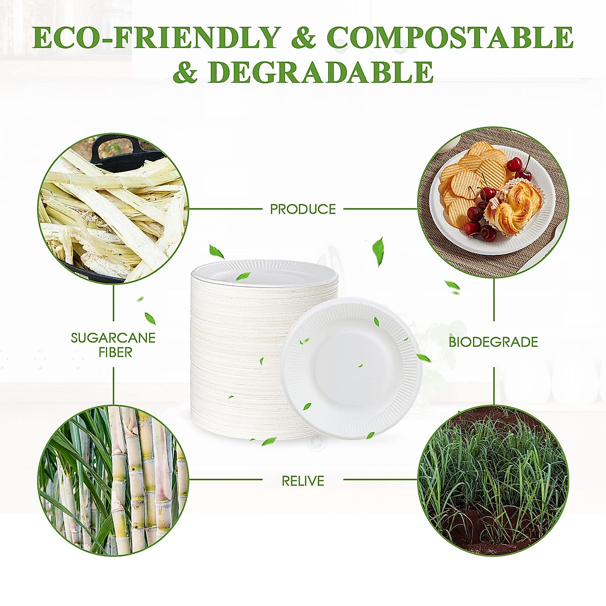 Vplus 100% Compostable Small Paper Plates, 300 Pack 6 Inch Disposable Paper Plates, Uncoated Biodegradable Plates Made of Sugar Cane Fibers, Perfect for Sandwich, Cake, and Snack