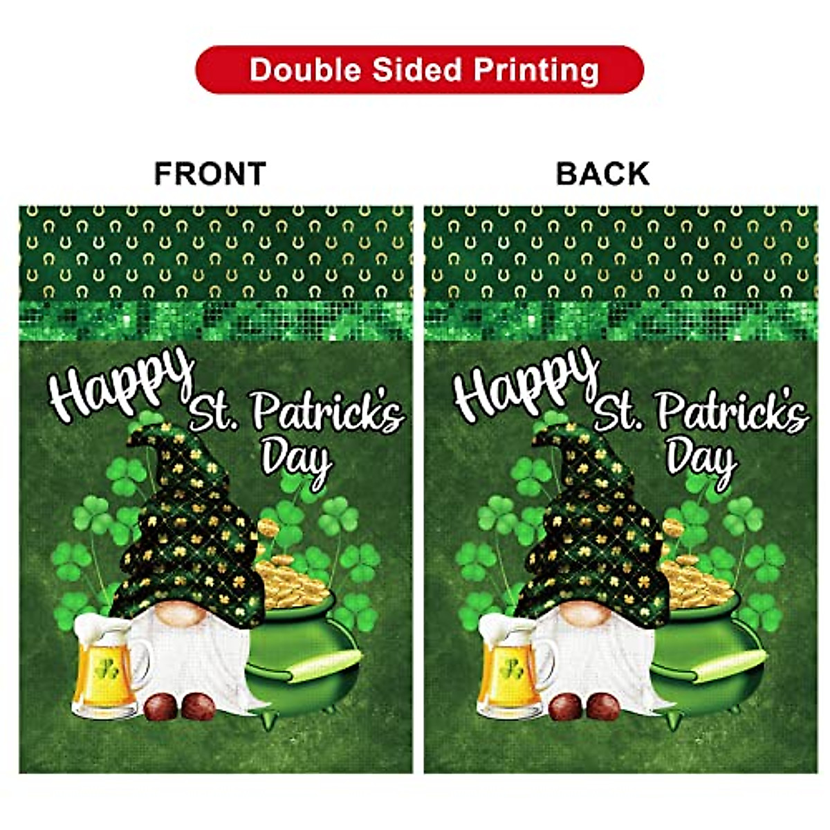HOMFREEST Happy St Patricks Day Garden Flag Gold Coin Gnome Yard Flag Lucky Clover Beer Small Garden Decorations Green Day Outside Lawn Display for Indoor Outdoor Patio Porch 12x18 Inch Vertical Double Sided