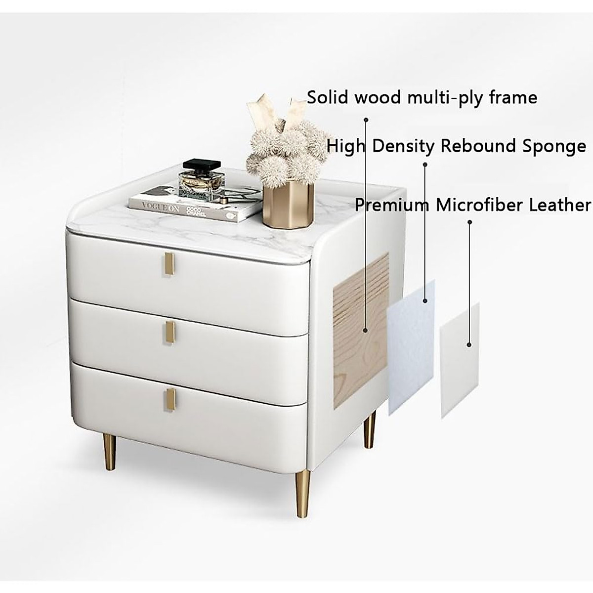 Bedside Table Mid-Century Modern Nightstand Faux Leather Bedside Table W/Marble Pattern Sintered Stone Top Side Table Wood 3 Drawer Bedroom Cabinet Chest of Drawers (Color : Black, Size : 50X40X69cm