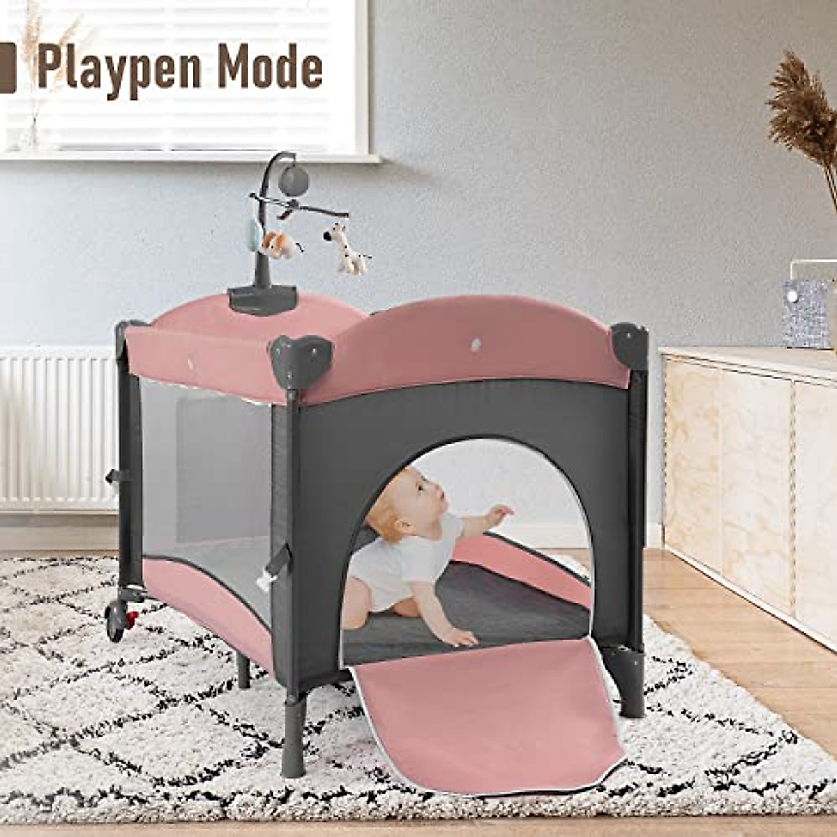 5 in 1 Baby Crib,Bedside Sleeper, Baby Bassinet, Bedside Cribs with Mattress, Foldable Baby Playard, Portable Travel Crib for Girl Boy Infant Newborn (Pink)