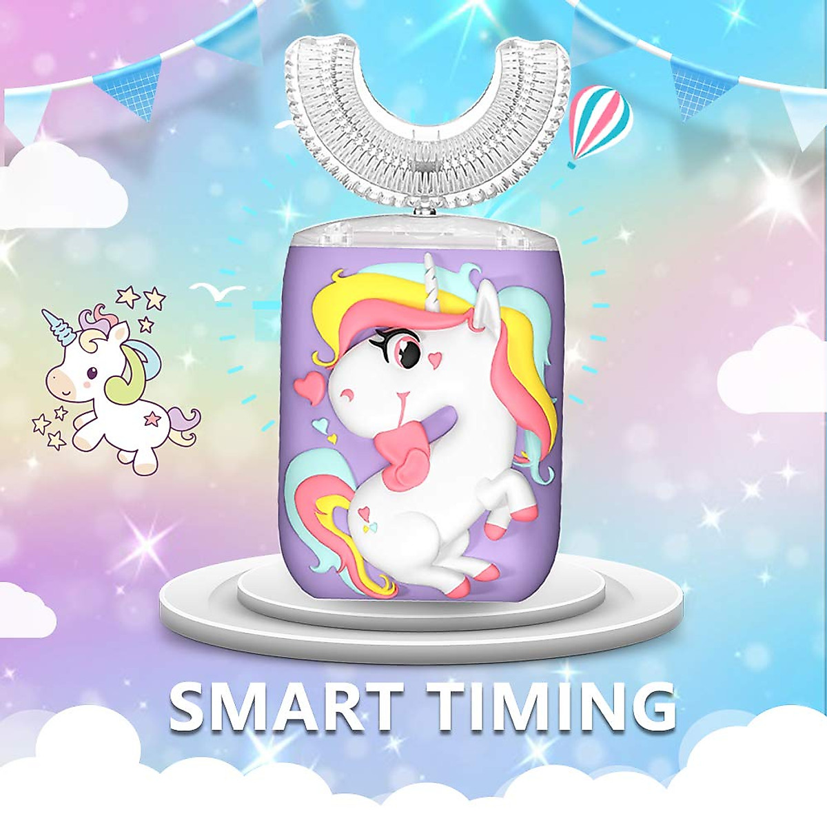 Kids Electric Toothbrush, Unicorn Sonic U Shaped Rechargeable Automatic Toothbrushes IPX7 Waterproof 6 Modes Smart Timer 360° Oral Cleaning with Replacement Brush Heads for Child Age 2-6 (1. Purple)