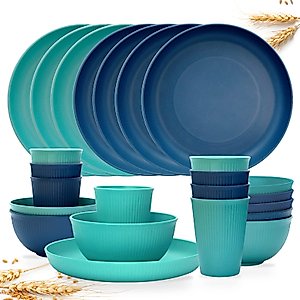 Dhnvcud 24-Piece Plates and Bowls Sets,Wheat Straw Dinnerware Sets for 8,Unbreakable Plastic Dinnerware Set,Reusable Plates,Bowls and Cups,Plastic Dishes Set for Kitchen,Outdoor Camping,RV