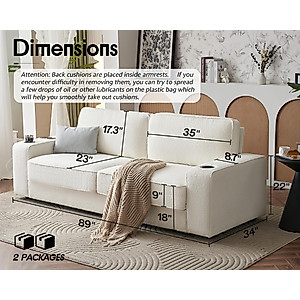 VanAcc Modern Sofa, 89in Comfy Couch with Cup Holders & USB Charging Ports, Offwhite Bouclé Couch- Deep Seat Sofa Couch for Living Room