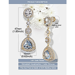 KZZENKI Sky Blue Created Aquamarine Earrings Gold Dangle Earrings for Women, Drop Chandelier Earrings Jewelry Trendy