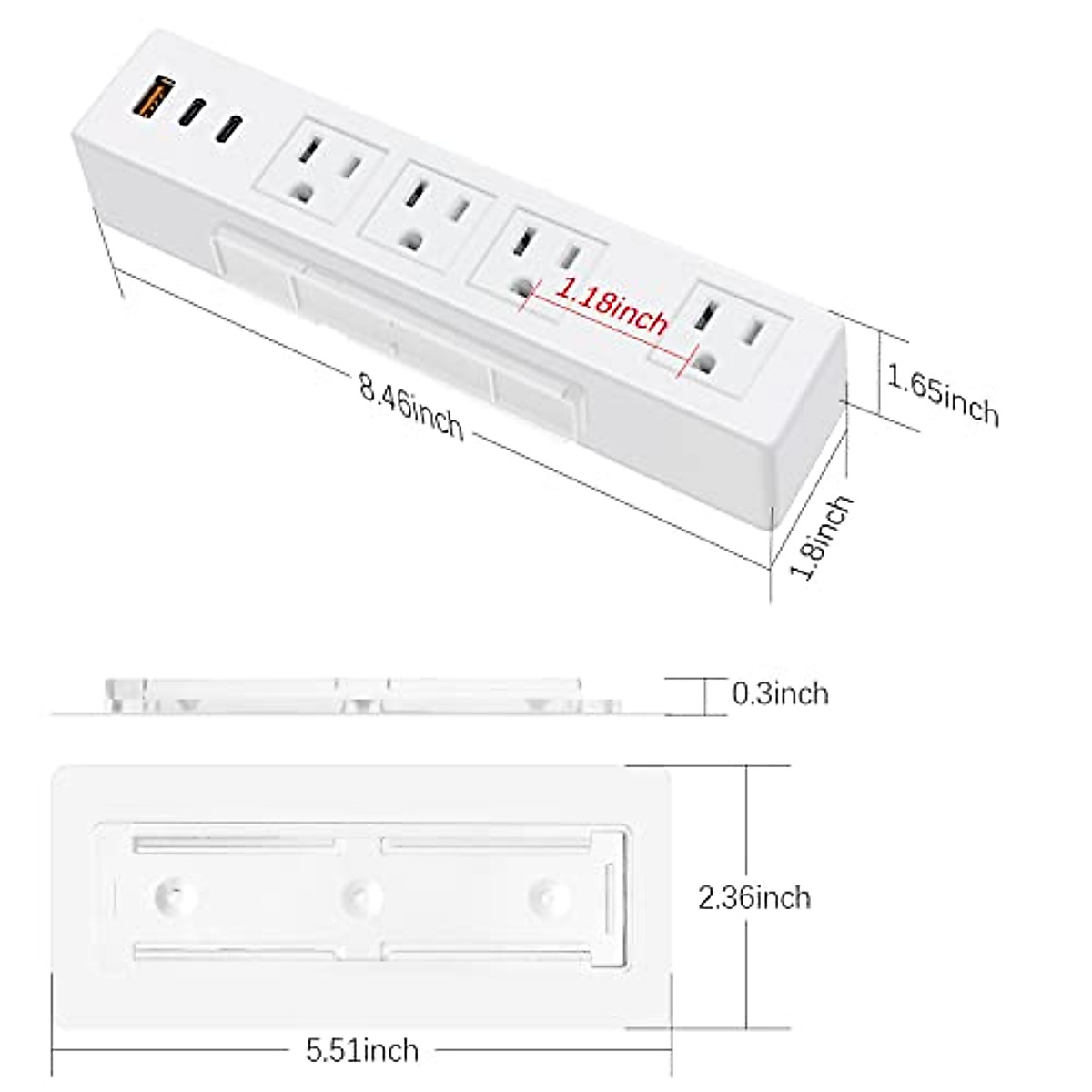 Type-C Under Desk Power Strip, Adhesive Wall Mount Power Strip with USB C Ports, Power Strip Socket Outlet, 4 AC Plug.20W 1 USB-A,2 PD Fast Charging 18W USB-C for Kitchen, Office, Home, Hotel