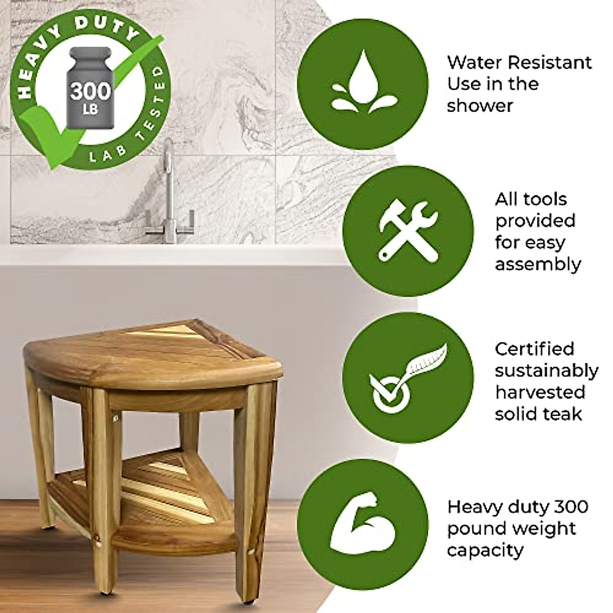 EcoDecors Snazzy Corner Teak Shower Corner Stool 2-Tier Wood Corner Shower Seat Spa Bench with Shelf,18 Inch Corner Stool For Shower in Earthy Teak Finish