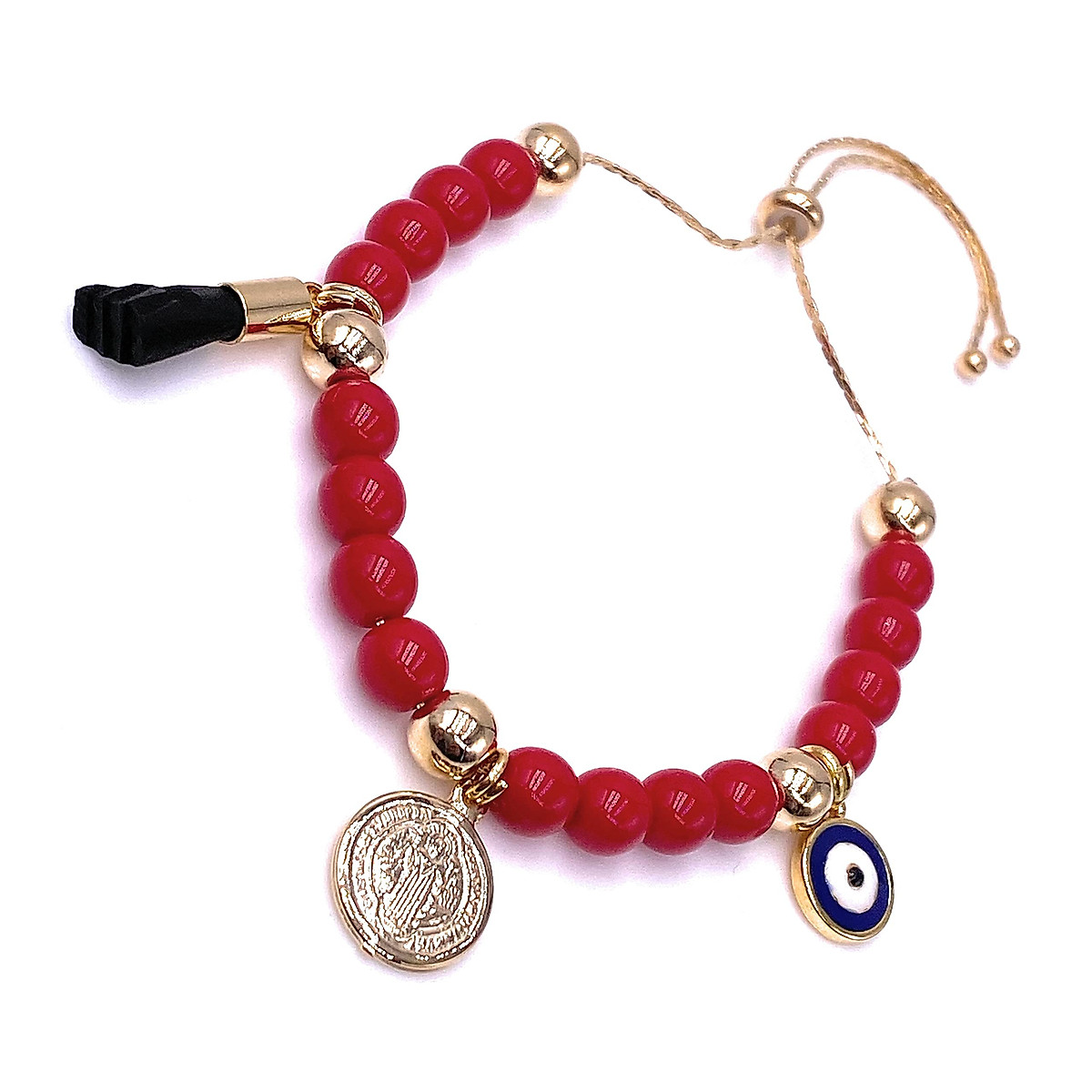 LESLIE BOULES Saint Benedict Red Glass Beads Bracelet Genuine Azabache and Blue Evil Eye Handmade Jewelry