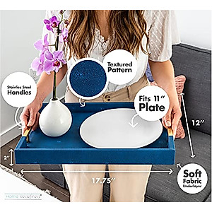 Home Redefined Modern Elegant 18”x12” Rectangle Navy Blue Rectangle Shagreen Decorative Ottoman Coffee Table Perfume Living Room Kitchen Serving Tray with Brass Gold Metal Handles for All Occasion's