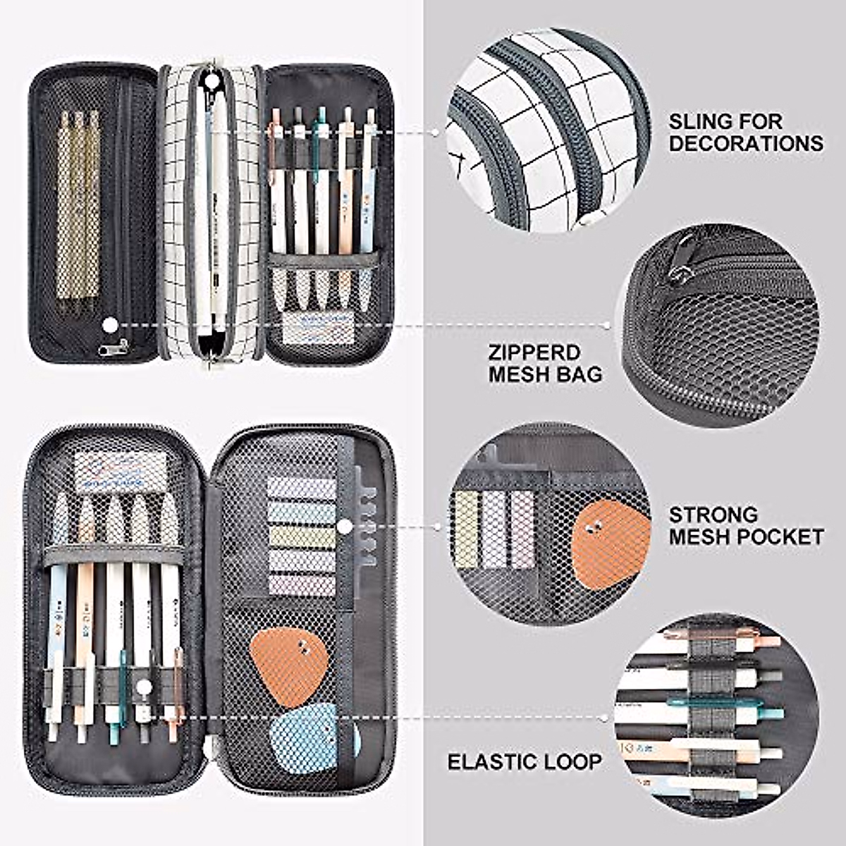 Vnieetsr Large Pencil Case Big Capacity Pencil Bag Large Storage Pouch 3 Compartments Desk Organizer Marker Pen Case Simple Stationery Bag Pencil Holder (Plaid White)