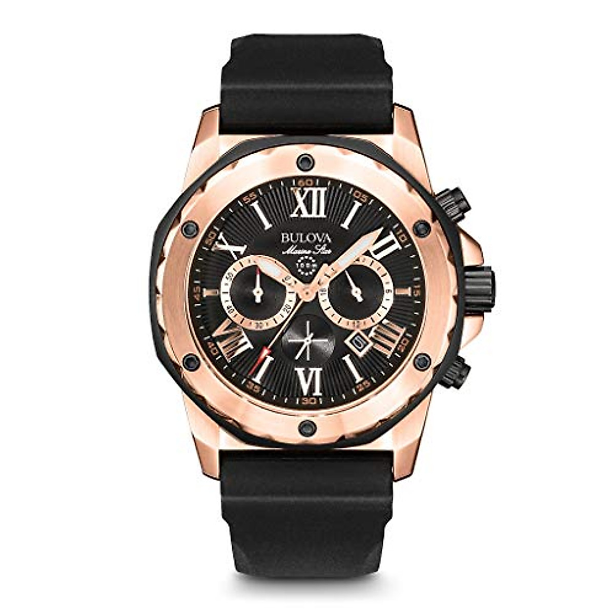 Bulova Men's Marine Star Series A Rose Gold Stainless Steel 6-Hand Chronograph Quartz Watch, Black Silicone Strap Style: 98B104