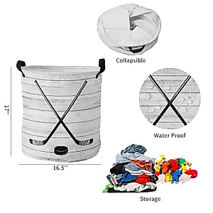 Laundry Baskets with Handles, Sports Ice Hockey Waterproof Freestanding Laundry Hamper, Round Collapsible Hampers for Bedroom, Laundry, Clothes, Toys, Rustic Wood, 16.5x17inch