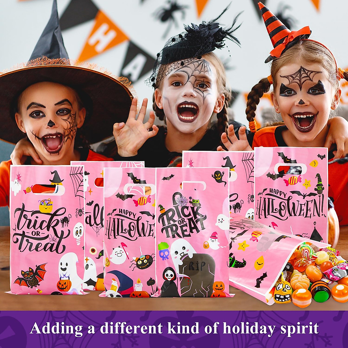 MARSOSAUR Halloween Candy Bag,100PCS Handle Candy Treat Bags Halloween Sweets Bags Trick or Treat Bags Reusable Pink Gift Bags for Halloween Party Supplies Favors, Homemade Craft Snack Gift Packing