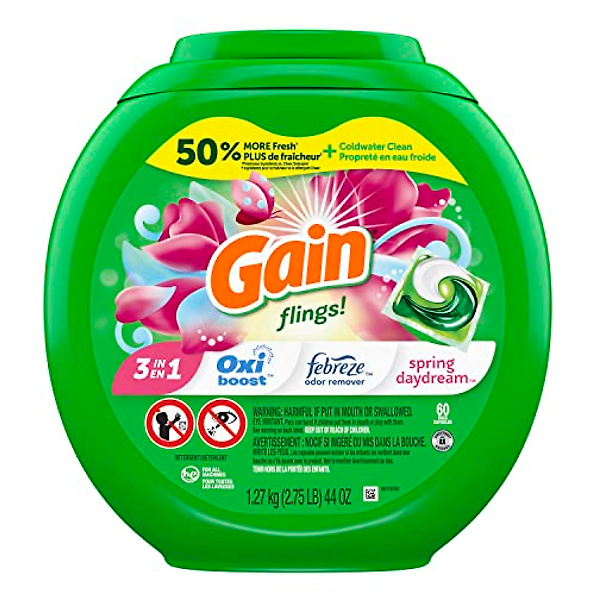 Gain flings! Laundry Detergent Soap Pacs HE Compatible 60 ct Long Lasting Scent Spring Daydream