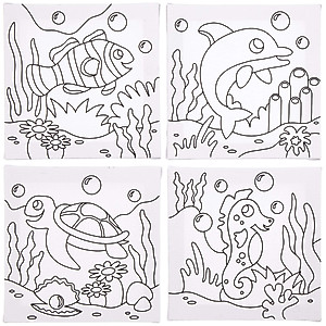 Baker Ross AT940 Sealife Color in Pictures for Kids - Pack of 4, Kids Canvases for Painting, Coloring and Craft Project Displays