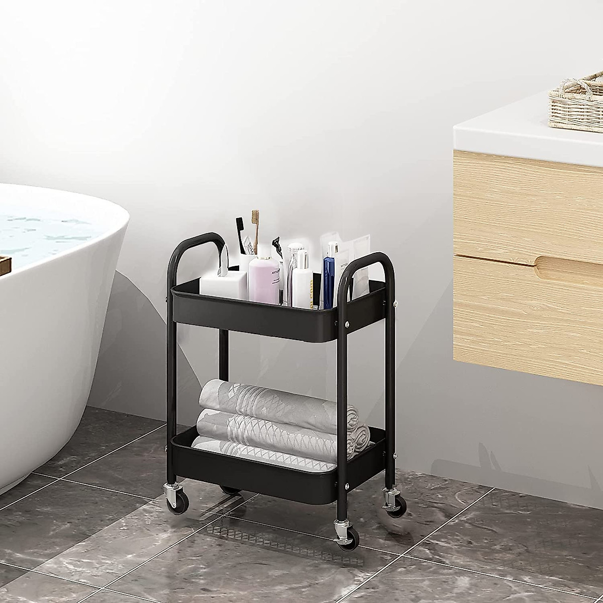 2-Tier Rolling Utility Cart with Handle,Mobile Metal Mesh Trolley with Wire Basket Shelving,Organizer Trolley with Lockable Wheels,Multifunctional Storage cart for Office Kitchen Bathroom,Black