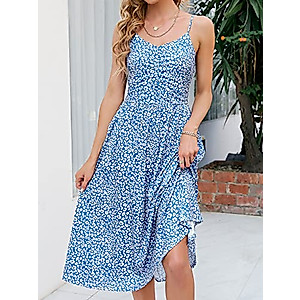 YATHON Boho Sleeveless Casual Midi Summer Dress V Neck Elastic Waist Floral Print Boho Midi Swing Homecoming Party Long Dresses (YT202-Blue W Pattern 01,S)