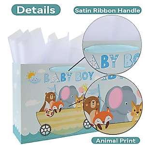 13" Large Baby Blue Gift Bag Set with Greeting Card and Tissue Paper (Animals and ‘Baby Boy’) for Baby Boy, Baby Shower, Boys' Birthday Party - 13”x5.2”x10.2”, 1 Pcs.