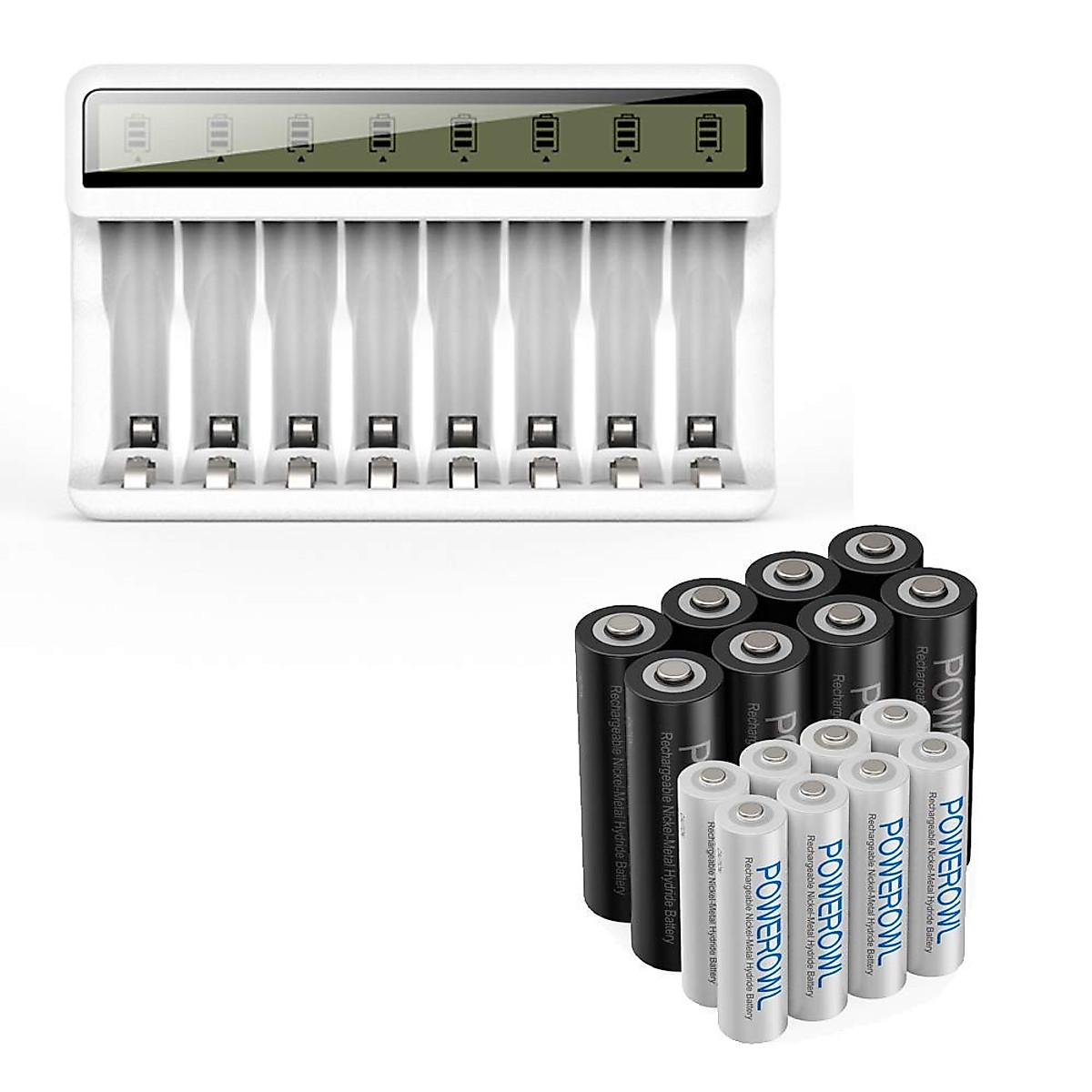 POWEROWL 8 Bay AA AAA Battery Charger with LCD Display (USB Quick Charging, Independent Slot) +AA 2800mAh & AAA 1000mAh 1.2V NiMH Battery Low Self Discharge, Pack of 16