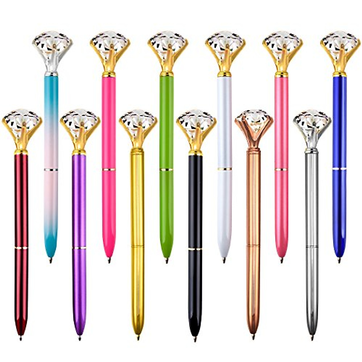 Coopay 12 Pieces Crystal Diamond Pens Bling Rhinestones Metal Ballpoint Pens Black Ink for School Office, 12 Color Variations