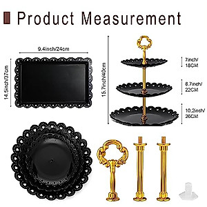 Potchen 9 Pcs Black Dessert Table Display Set Includes 6 Rectangle Cupcake Stand & 3 Round Tiered Serving Tray Cake Holder Plastic Plate Platters for Halloween Baby Shower (Flower Style), Gold