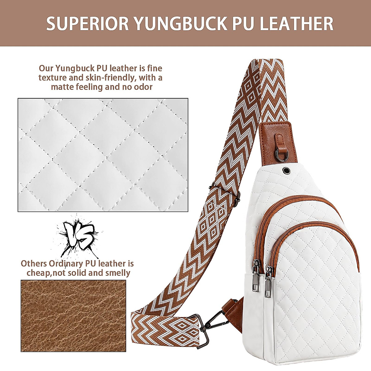 EMBRUNIOICE Sling Bag for Women Crossbody Purse, Vegan leather Crossbody Fanny Pack with Guitar Strap, Quilted Trendy Chest Bag for Women Travel(Cream with Brown)