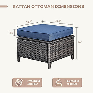 Bellefurn Patio Ottomans Set of 2 Outdoor Ottomans Wicker Foot Stools 2 Piece Footrest PE Rattan Ottomans with Thickened Cushions for Patio Garden Porch Balcony Poolside Deck, Brown|Blue