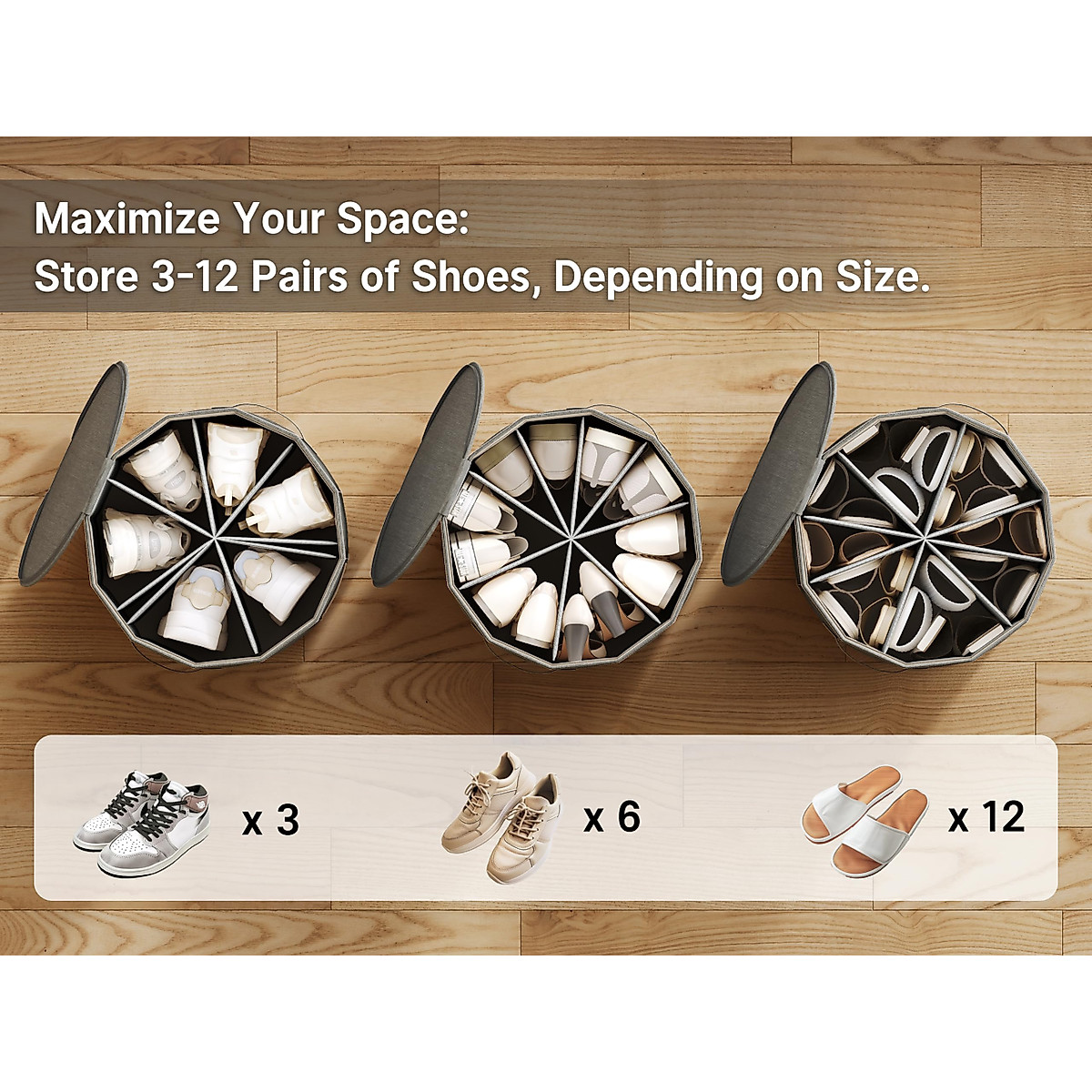 Vailando Shoe Organizer for Closet - Cylindrical Shoe Storage Organizer with Adjustable Dividers for Closet, Foldable, Gray, 2-Pack