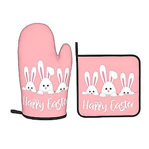 DRAYTSO Happy Easter Oven Mitts and Pot Holders Set, Spring Colorful Egg Heat Resistant Kitchen Set Oven Gloves Non-Slip Potholders for Cooking Baking Grilling Gifts Microwave Gloves Hot Pad, Black