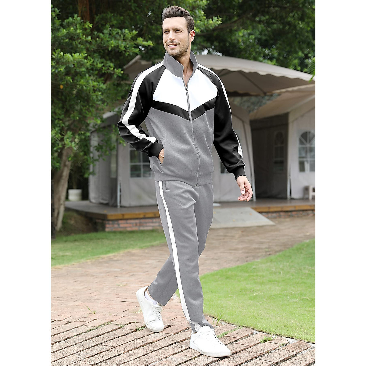 Men's Tracksuits Set with Full Zip Leisure Athletic Sports Jogging Sweat Suits Grey Medium