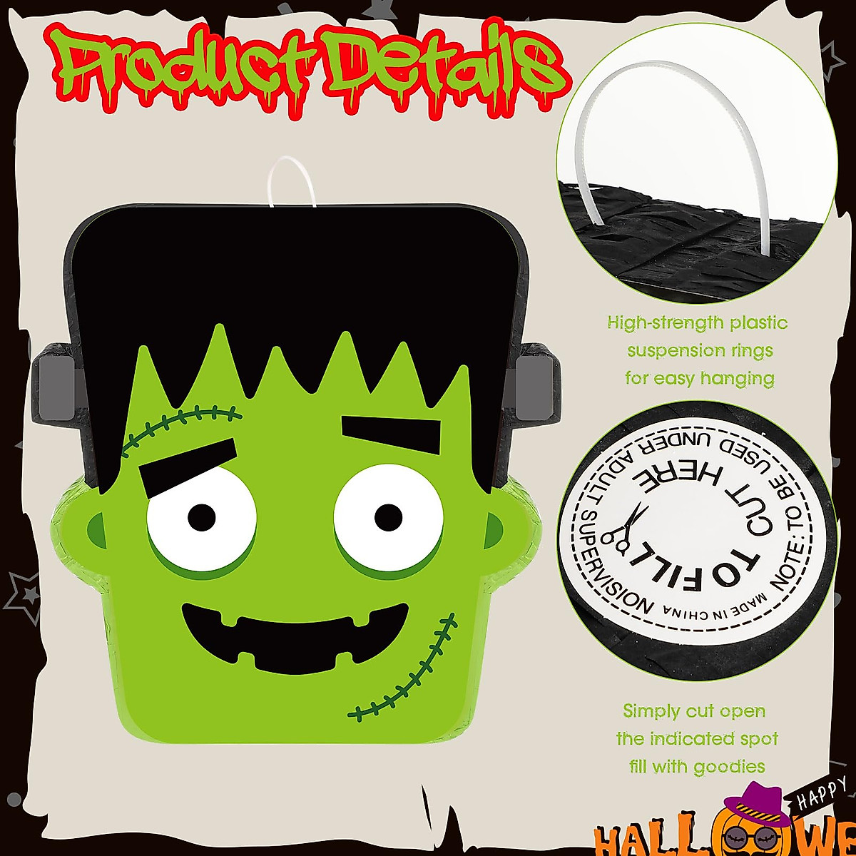 Aoriher Halloween Piñata Green People Piñata Devil Piñata Mexican Piñata with Stick Blindfold for Halloween Birthday Fiesta Game Supplies