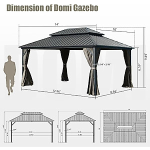Domi 10’ X 14’ Hardtop Gazebo Canopy with Netting & Curtains, Outdoor Aluminum Gazebo with Galvanized Steel Double Roof for Patio Lawn and Garden, Gray