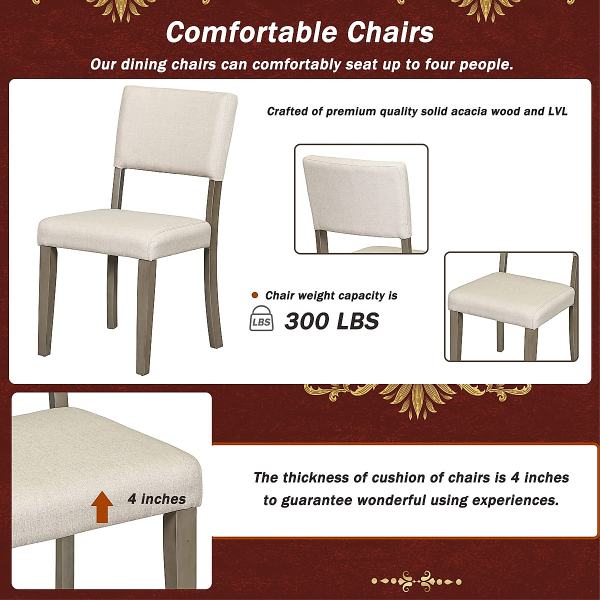 POCIYIHOME 5-Piece Retro, Round Curved Trestle Style Leg, 4 Upholstered Chairs with Seat Cushion, Kitchen Table Set for Home Dining Room/Restaurant Furniture (Taupe)